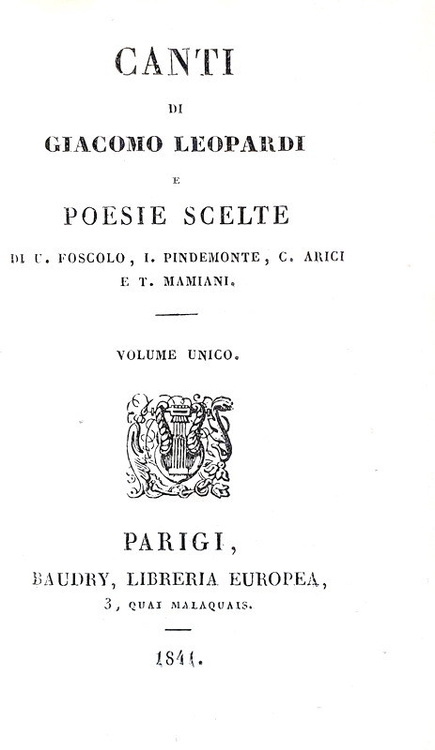 Un grande classico ottocentesco: Giacomo Leopardi - Canti - Parigi 1841 ...